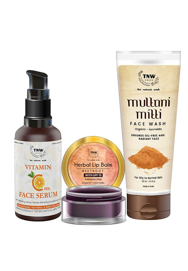 Vitamin C Face Serum + Multani Mitti Face Wash + Beetroot Lip Balm ...